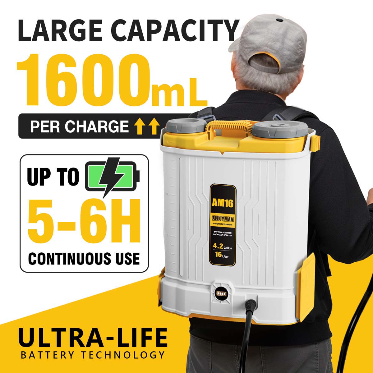 Alloyman Battery Powered Backpack Sprayer 4.2Gallon, 45-90PSI Adjustab